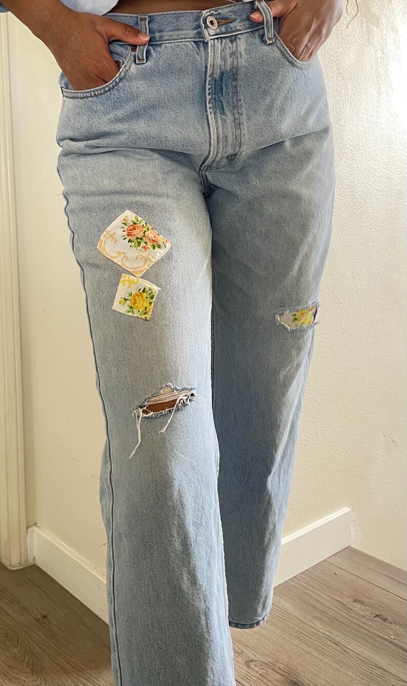 Light Wash Jeans - Patchwork - Cottage Core - Floral - Vintage Denim ...