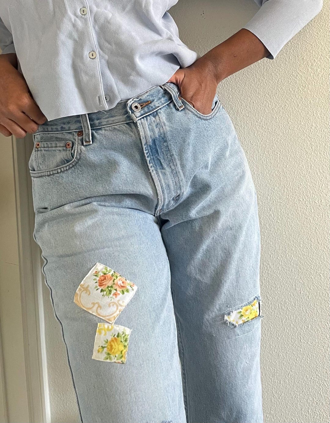 Light Wash Jeans - Patchwork - Cottage Core - Floral - Vintage Denim ...