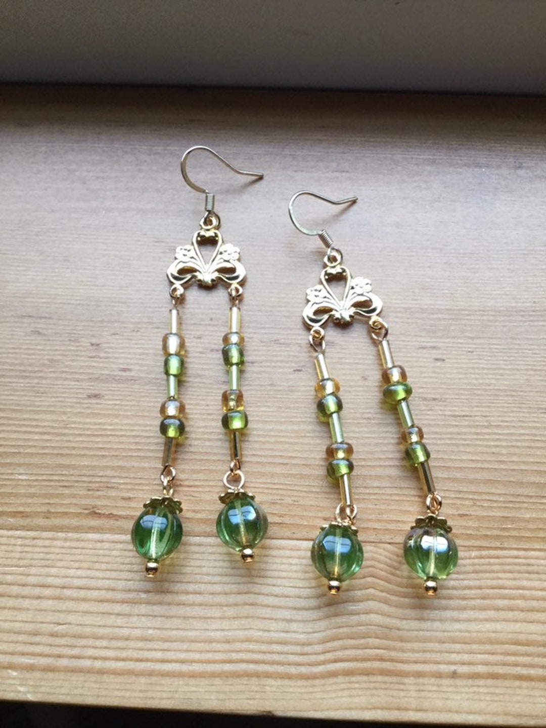 Light Yellow and Light Green Seed Bead Long & Dainty Chandelier ...