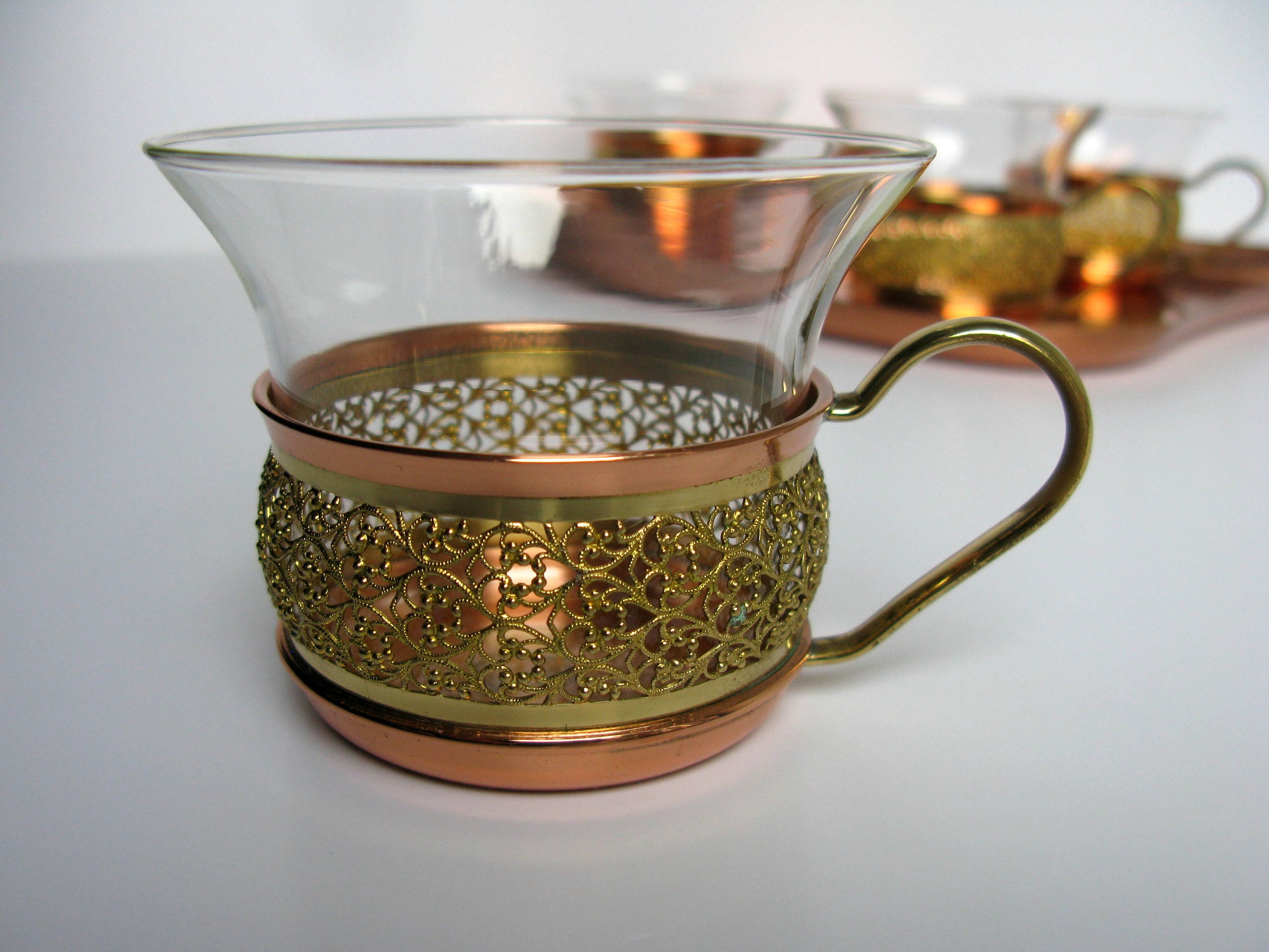 Filigree Brass and Copper Tea Cups With Tray Mussbach Metall | Etsy