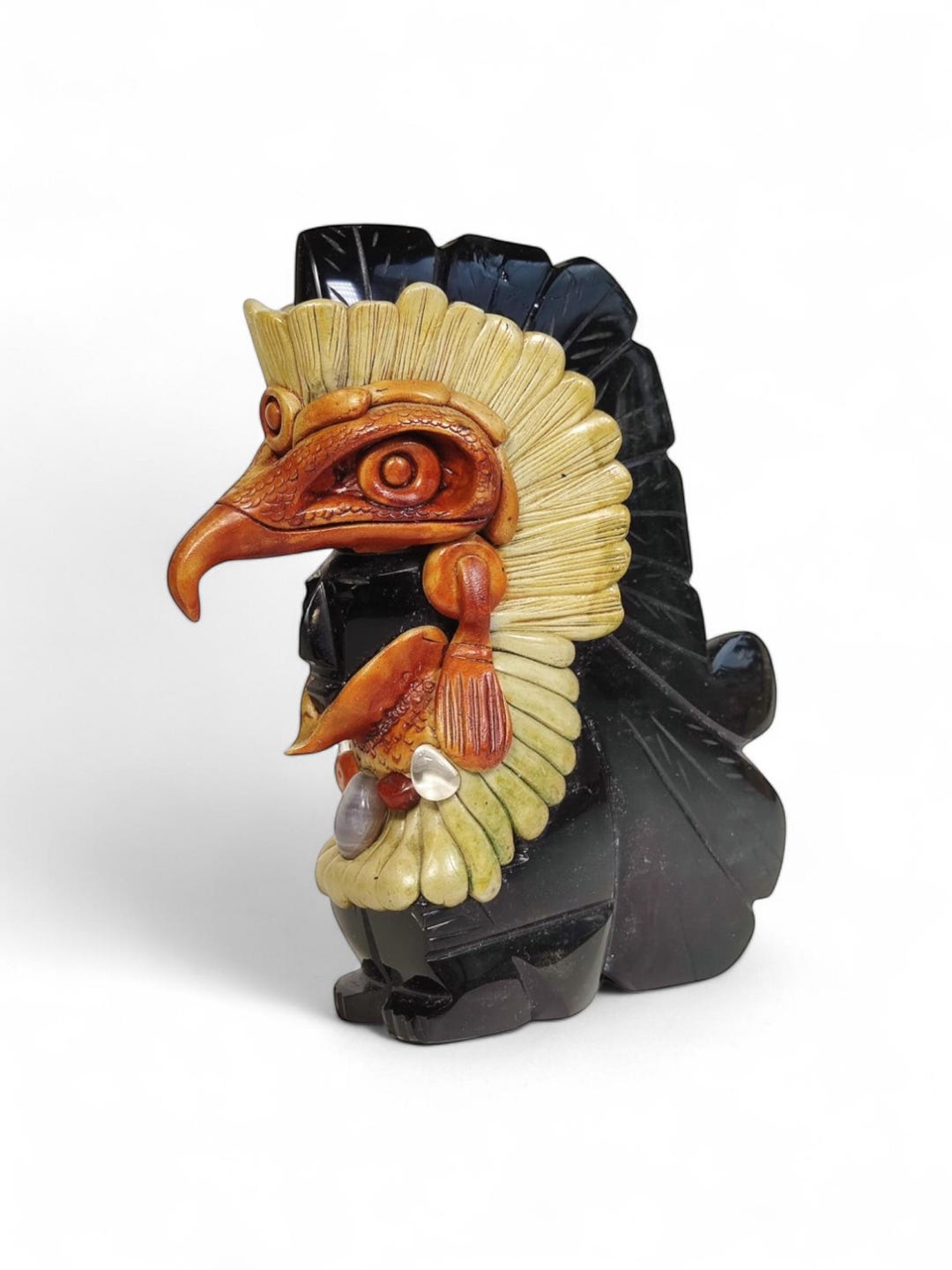 Vintage Hand Carved Black Obsidian Aztec Warrior With Eagle Headdress ...