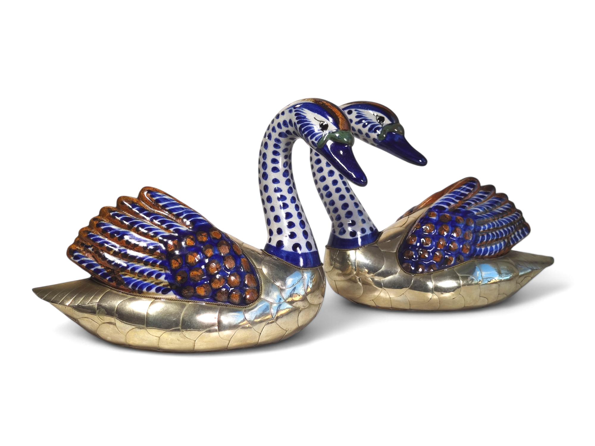 Pair of Tonala Brass & Ceramic Swan Sculptures 1970s Sergio Bustamante ...