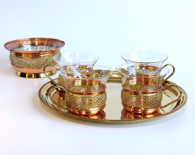 Filigree Brass and Copper Tea Cups With Tray and Sugar Bowl/ Candy Dish ...