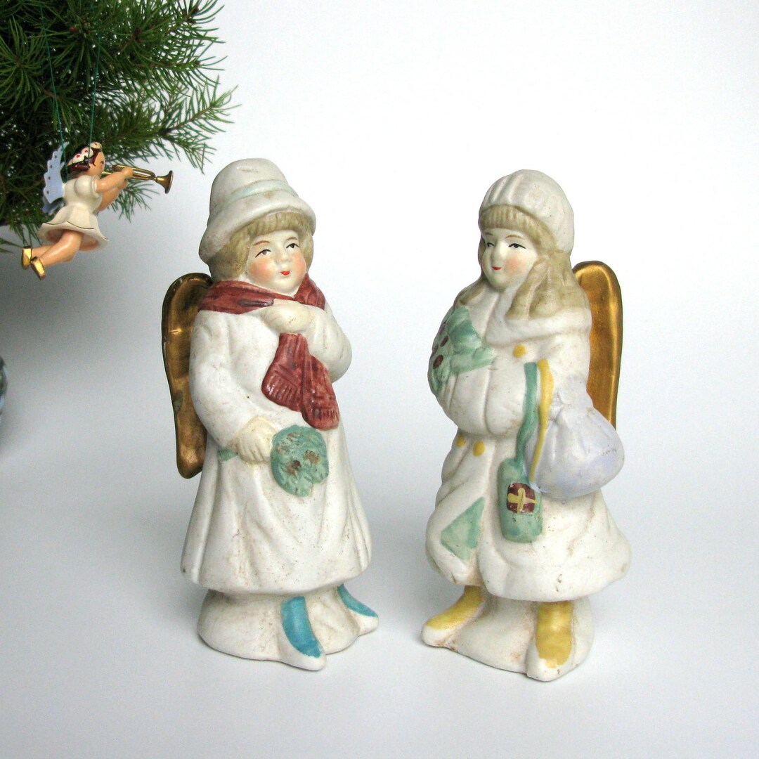 Pair of Bisque Porcelain Christmas Angels, Victorian Angels, Mid ...