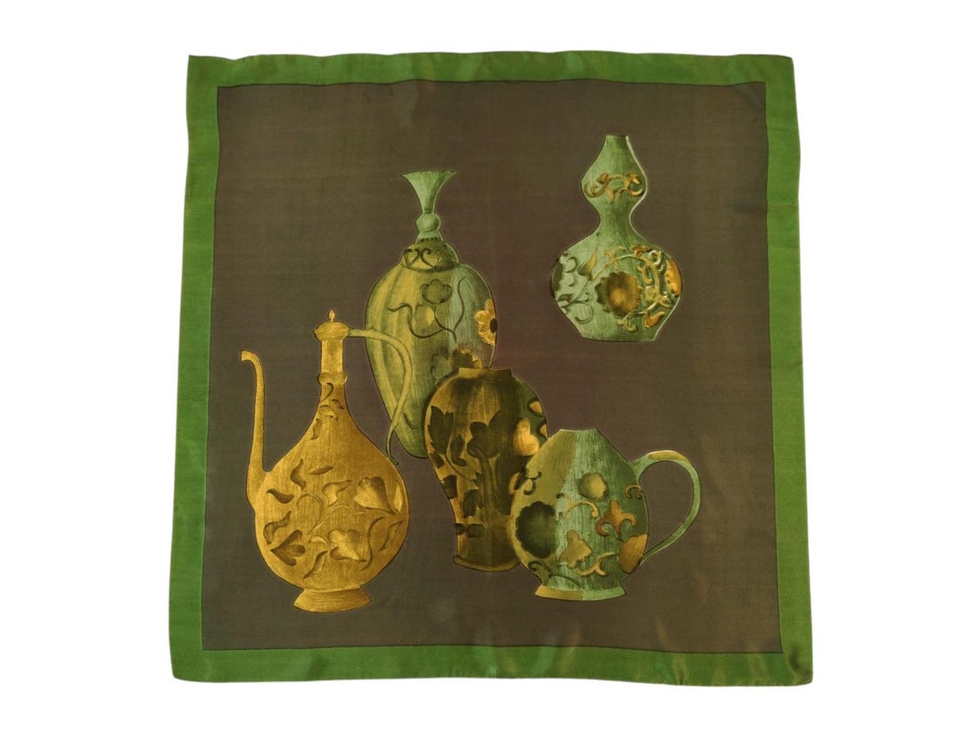 Vintage Luxury Silk Scarf With Antique Vases Design in Emerald Green ...