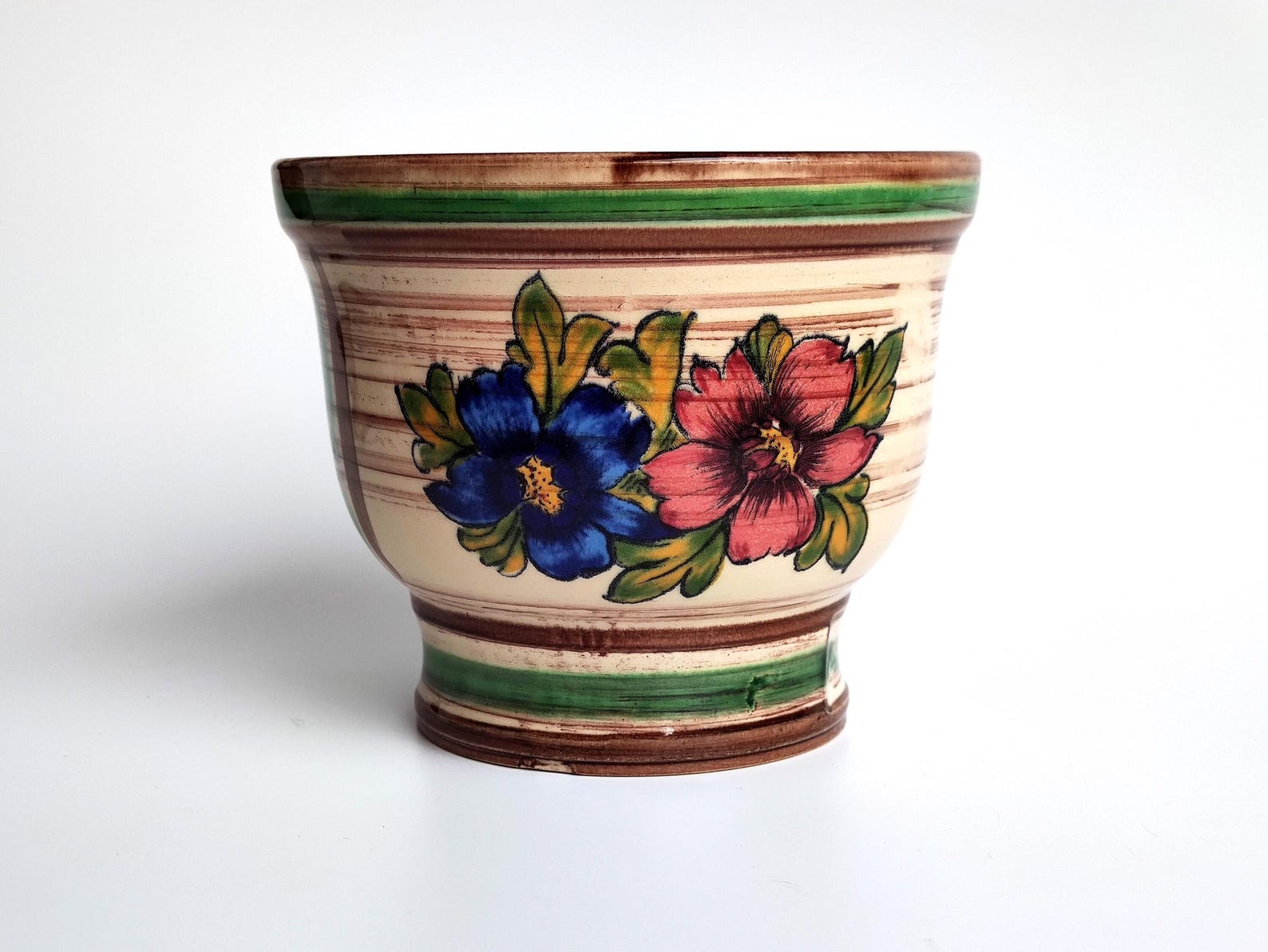 West German Pottery Planter Pot, Hand Painted Cache Pot With Floral ...