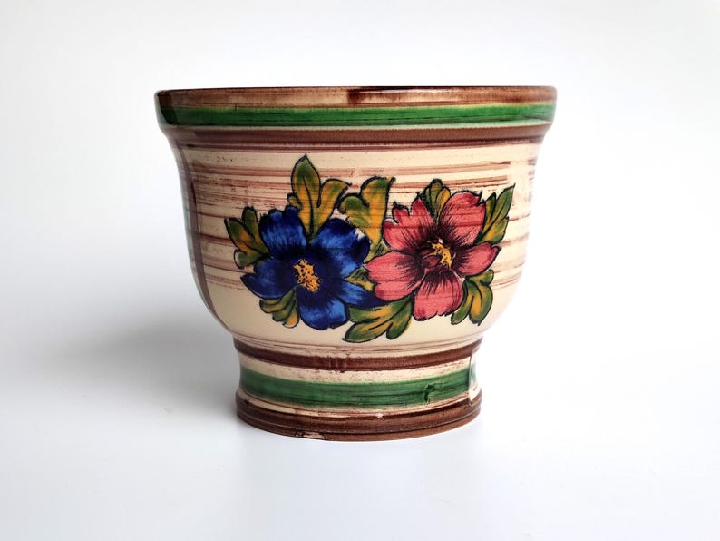 West German Pottery Planter Pot, Hand Painted Cache Pot With Floral ...