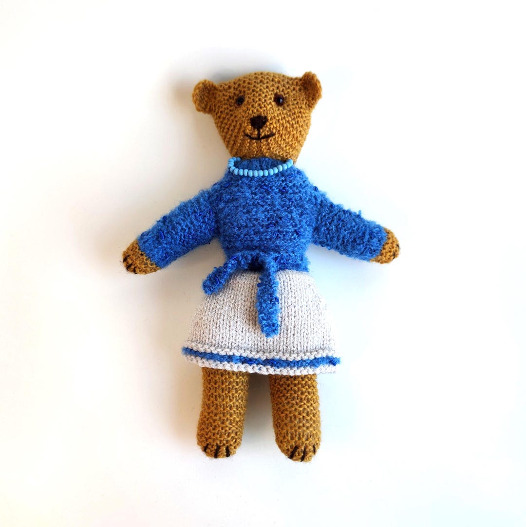 Hand Knitted Teddy Bear Girl 100% Wool Teddy 10" Hand Made Knit Dressed ...