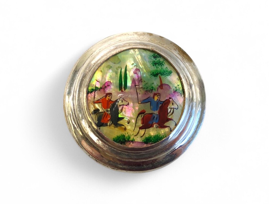 Middle Eastern Hand Painted Shell Trinket Box With Mirror, Vintage ...
