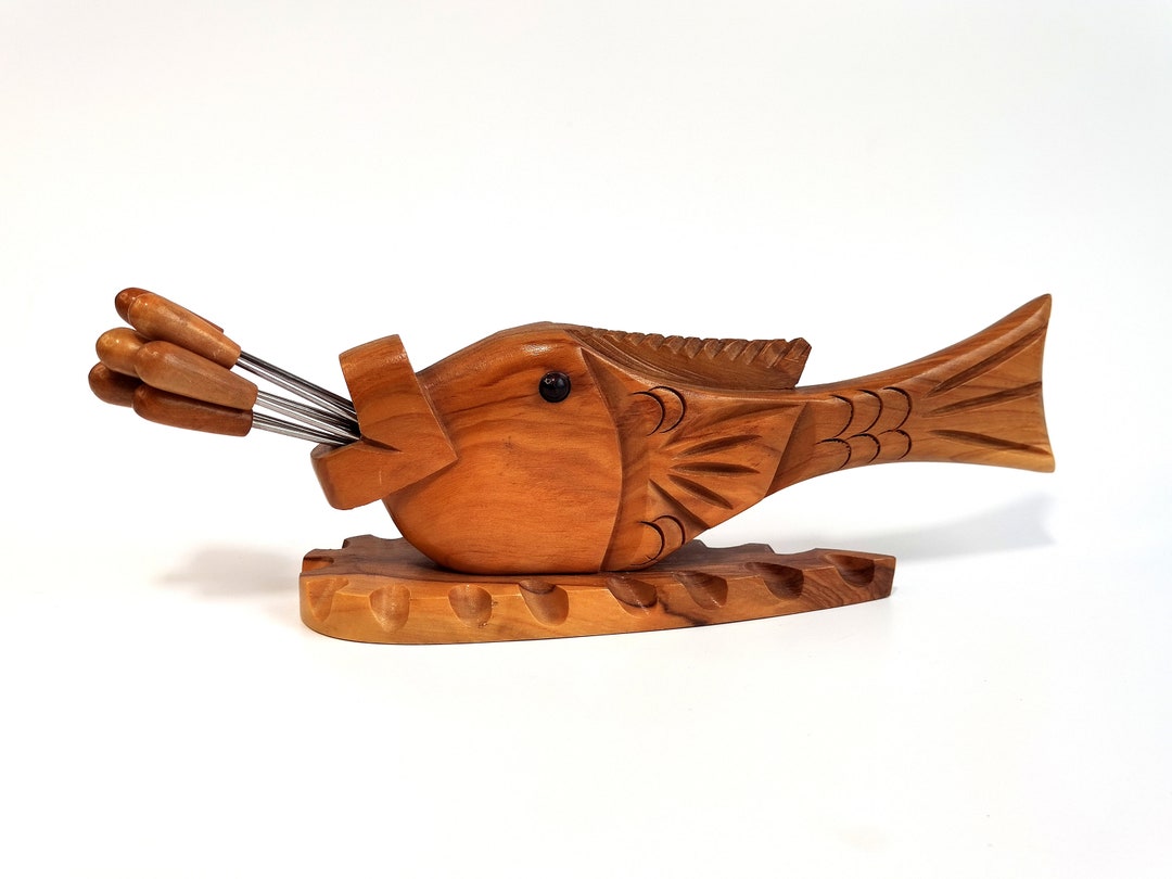 Vintage Olive Wood Fish Cocktail Pick Holder, Spain, Hand Carved Wood ...