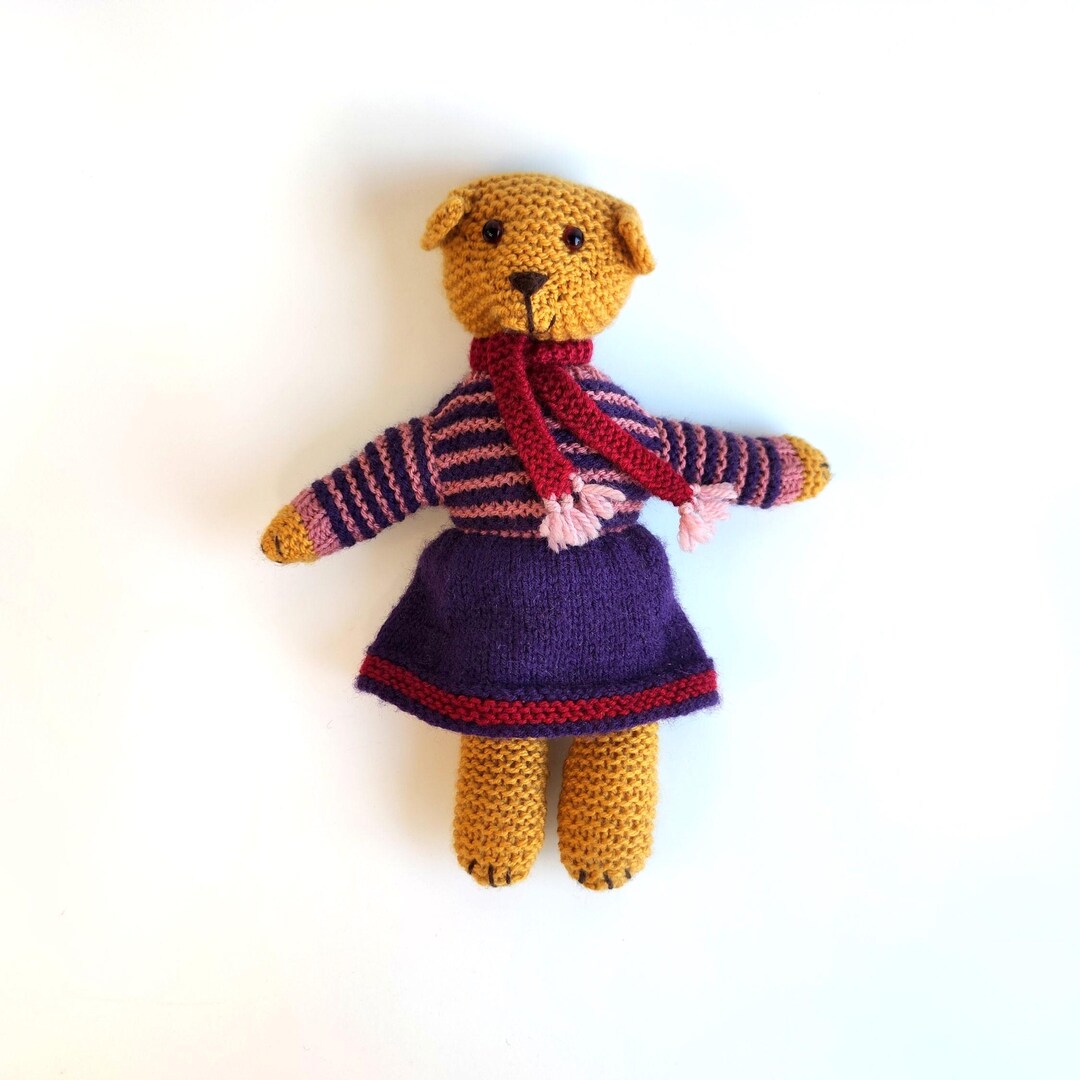 Hand Knitted Teddy Bear Girl 100% Wool Teddy 11" Hand Made Knit Dressed ...