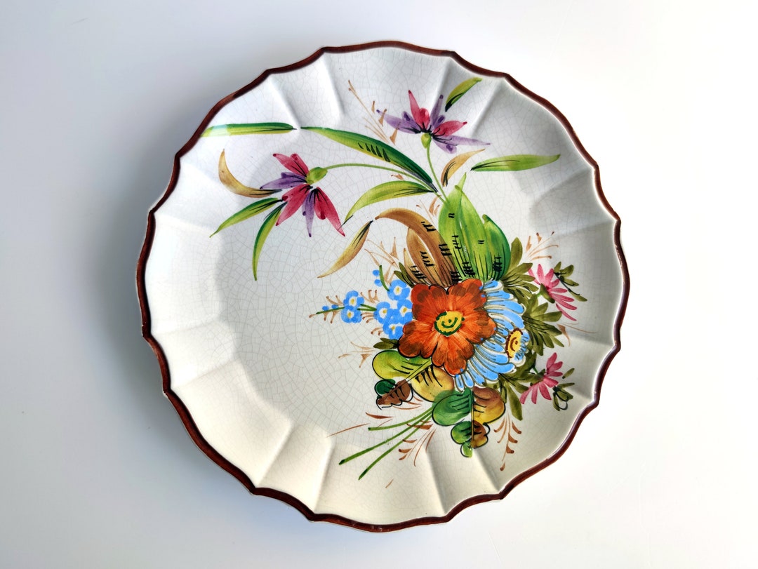 Vintage German Hand Painted Wall Plate, Floral Plate, Crackle Glaze ...