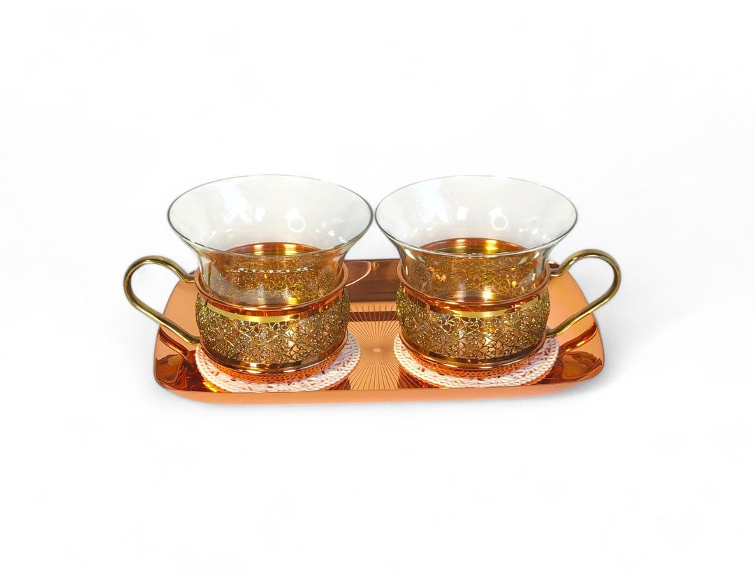 Filigree Brass and Copper Tea Cups With Tray by Mussbach Metall Made in ...