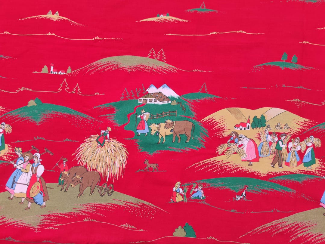 Swiss Folk Print Red Cotton Fabric With Alpine Harvest Motif and Cows ...