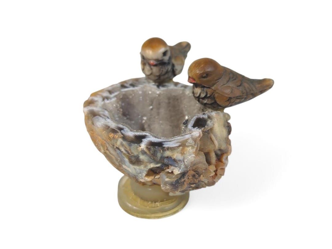 Bird Nest Figurine, Half Geode Crystal With Two Birds Sitting on Edge ...