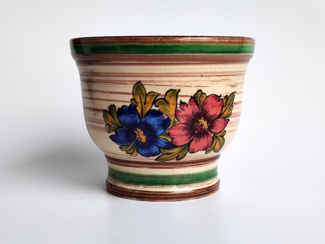 West German Pottery Planter Pot, Hand Painted Cache Pot With Floral ...