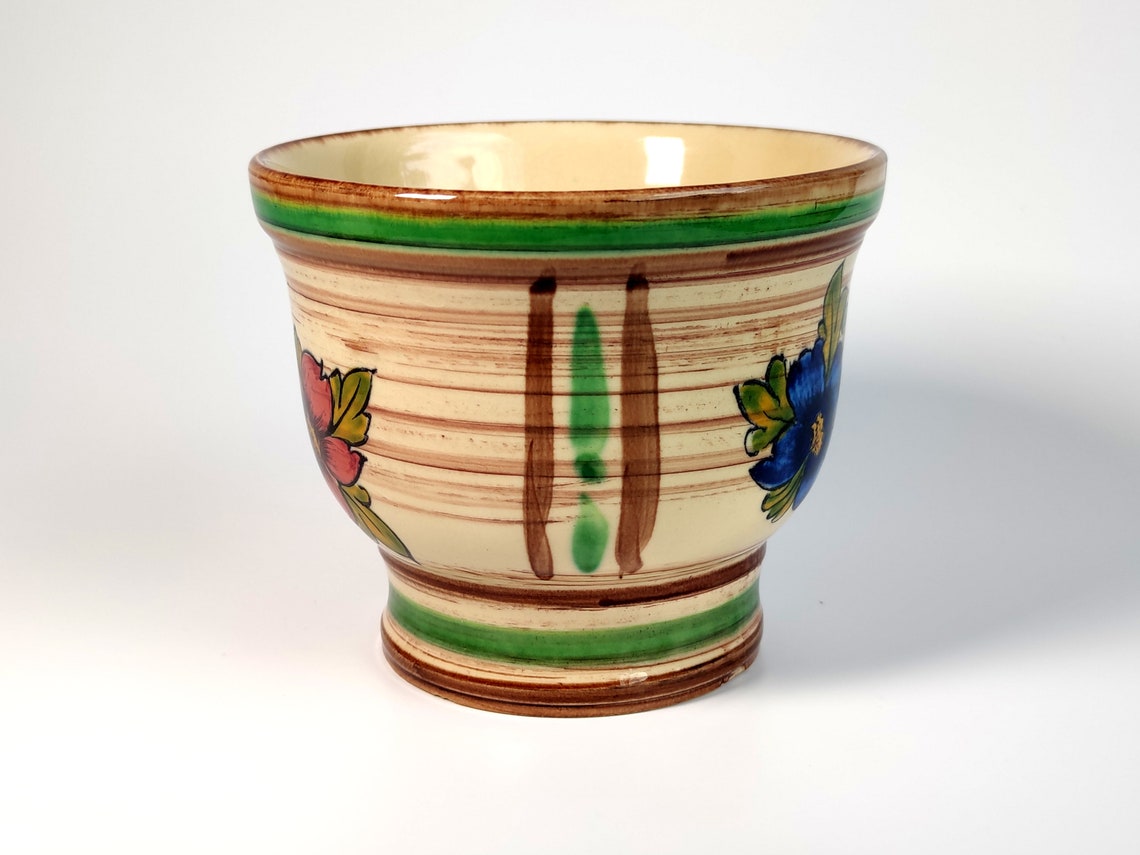 West German Pottery Planter Pot, Hand Painted Cache Pot With Floral ...
