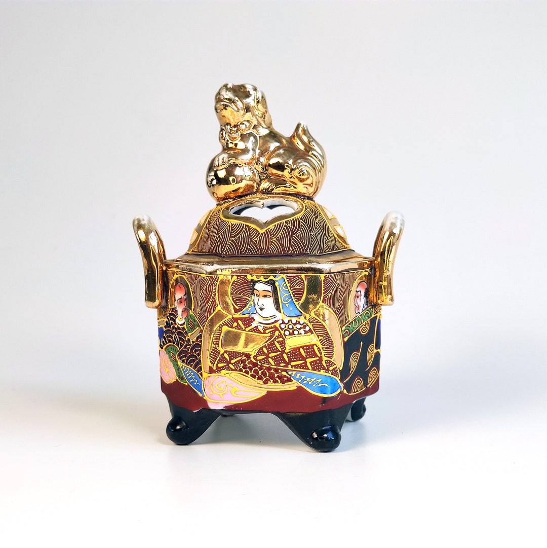 Yokoi Sei-ichi Shoten Japanese Moriage Porcelain Incense Burner With Foo Dog Cover, Japan 1940s ...