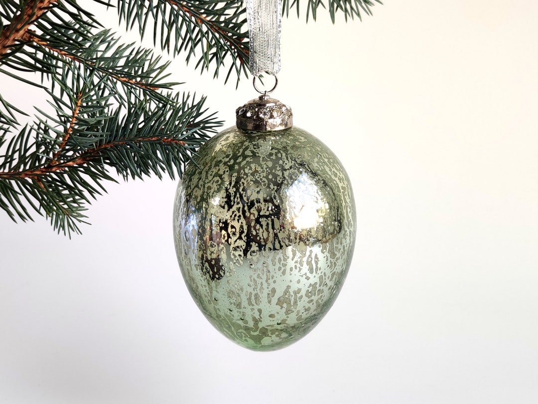 Large Christmas Bauble With Jewel Cap, Mercury Glass Egg Shaped Bauble ...