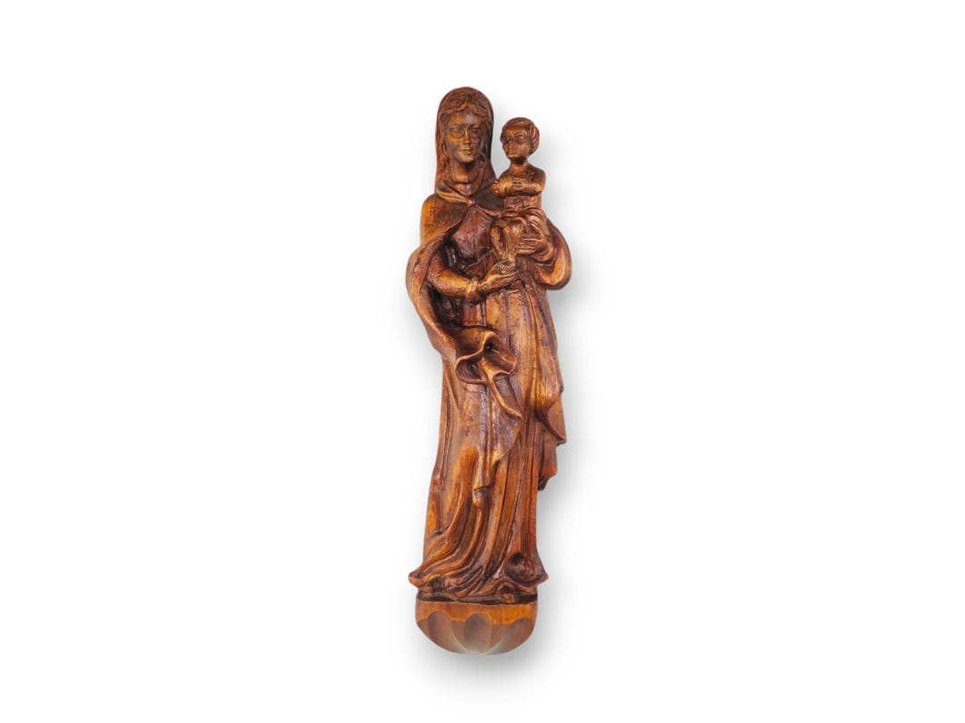 Mid Century German Hand Carved Walnut Virgin Mary and Child Wall Statue ...