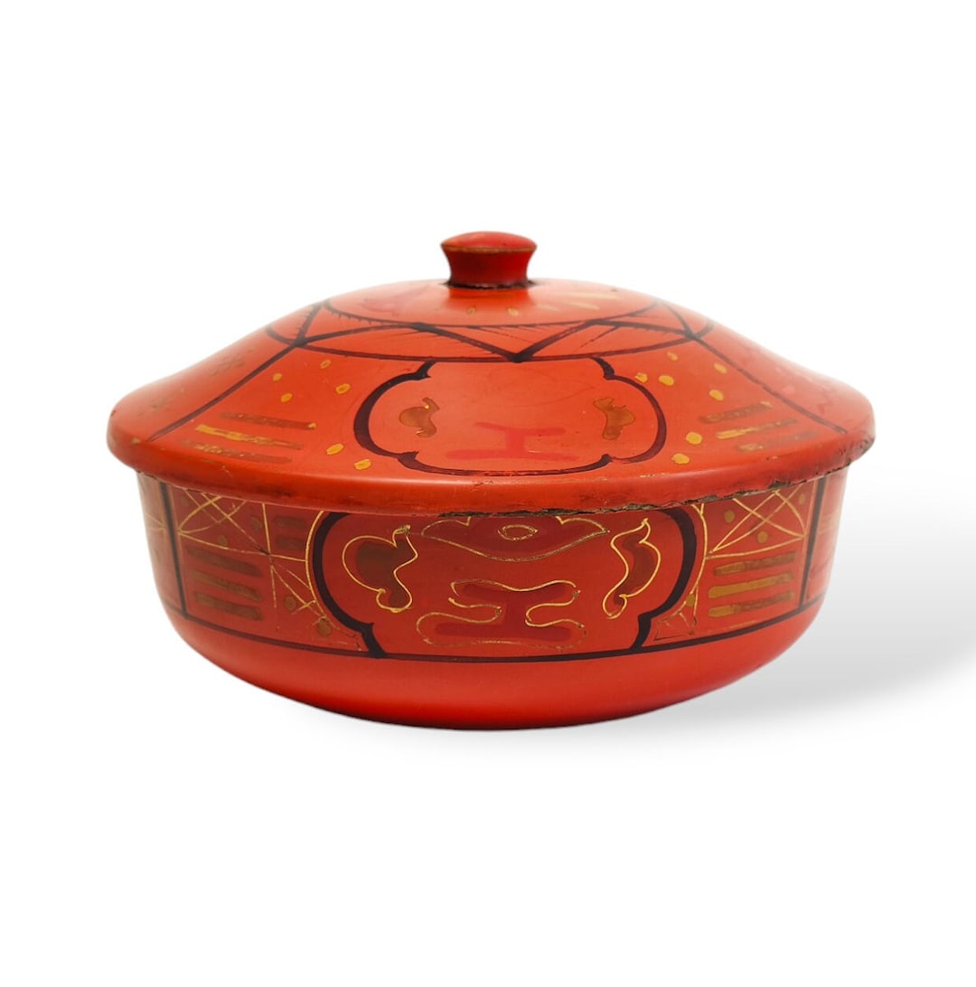Japanese Orange Lacquer Yin Yang Box, Mid Century Round Hand Painted ...