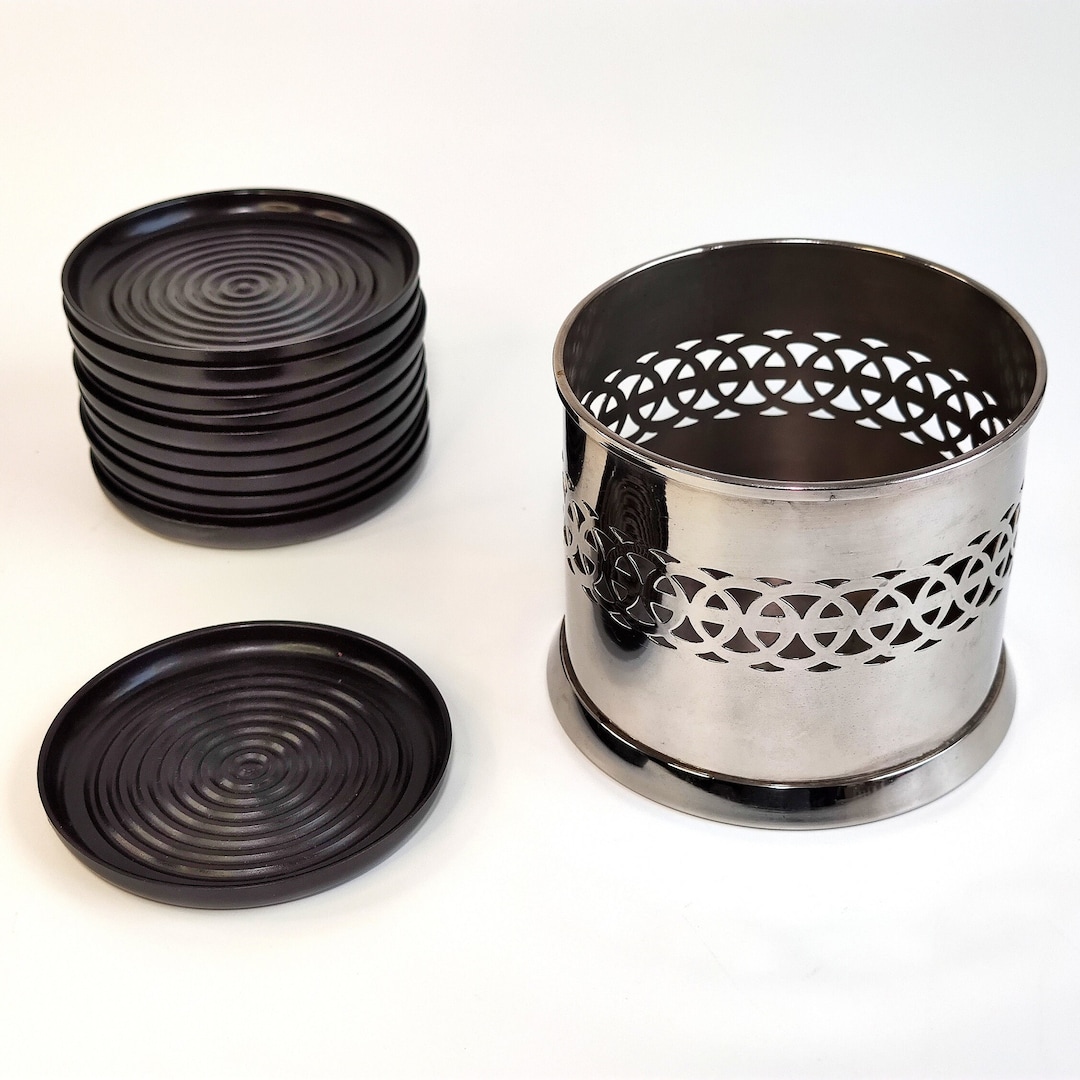 Art Deco Bakelite Coaster Set 1930s, Vintage Chrome Wine Bottle Holder ...