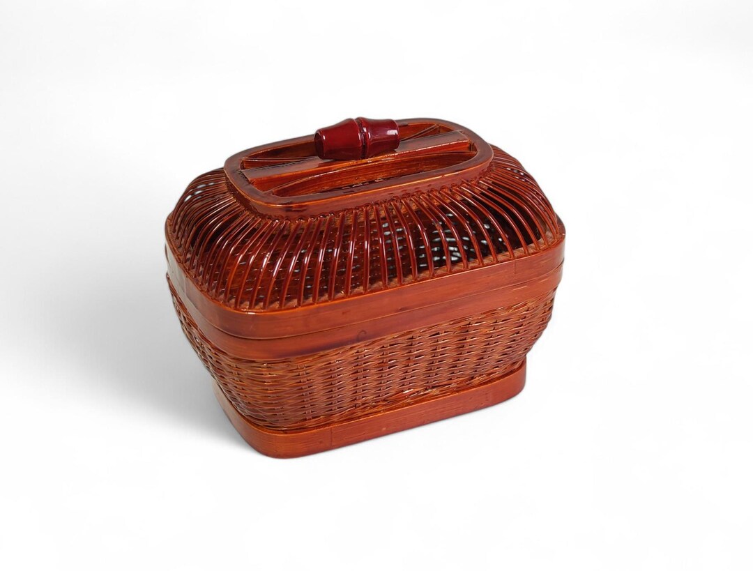 Vintage Chinese Handwoven Bamboo Cricket Cage Box, Red Lacquered Bamboo ...
