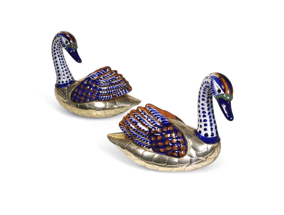 Pair of Tonala Brass & Ceramic Swan Sculptures 1970s Sergio Bustamante ...
