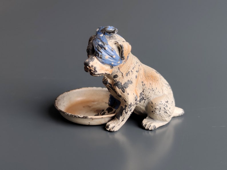 Antique Austria Cold Painted Metal Dog With a Bandage and Bowl, Early ...