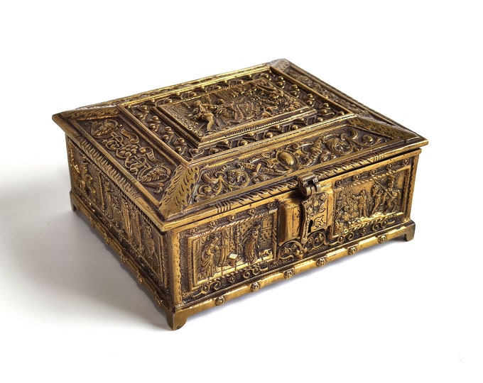 19th Century Belgian Bronze Jewelry Box, Cedar Wood Lined Large Bronze ...