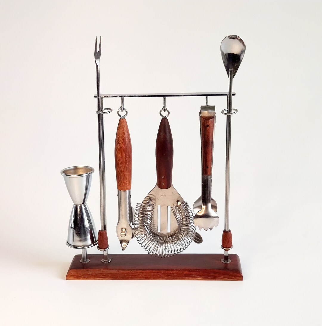 Mid Century German Bar Tool Set With Stand 1960s Teak & Steel 7 Piece ...