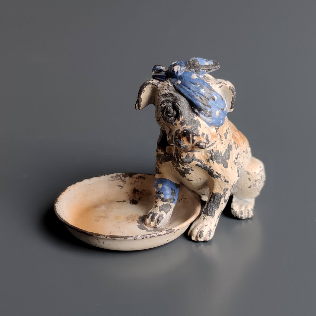 Antique Austria Cold Painted Metal Dog With a Bandage and Bowl, Early ...
