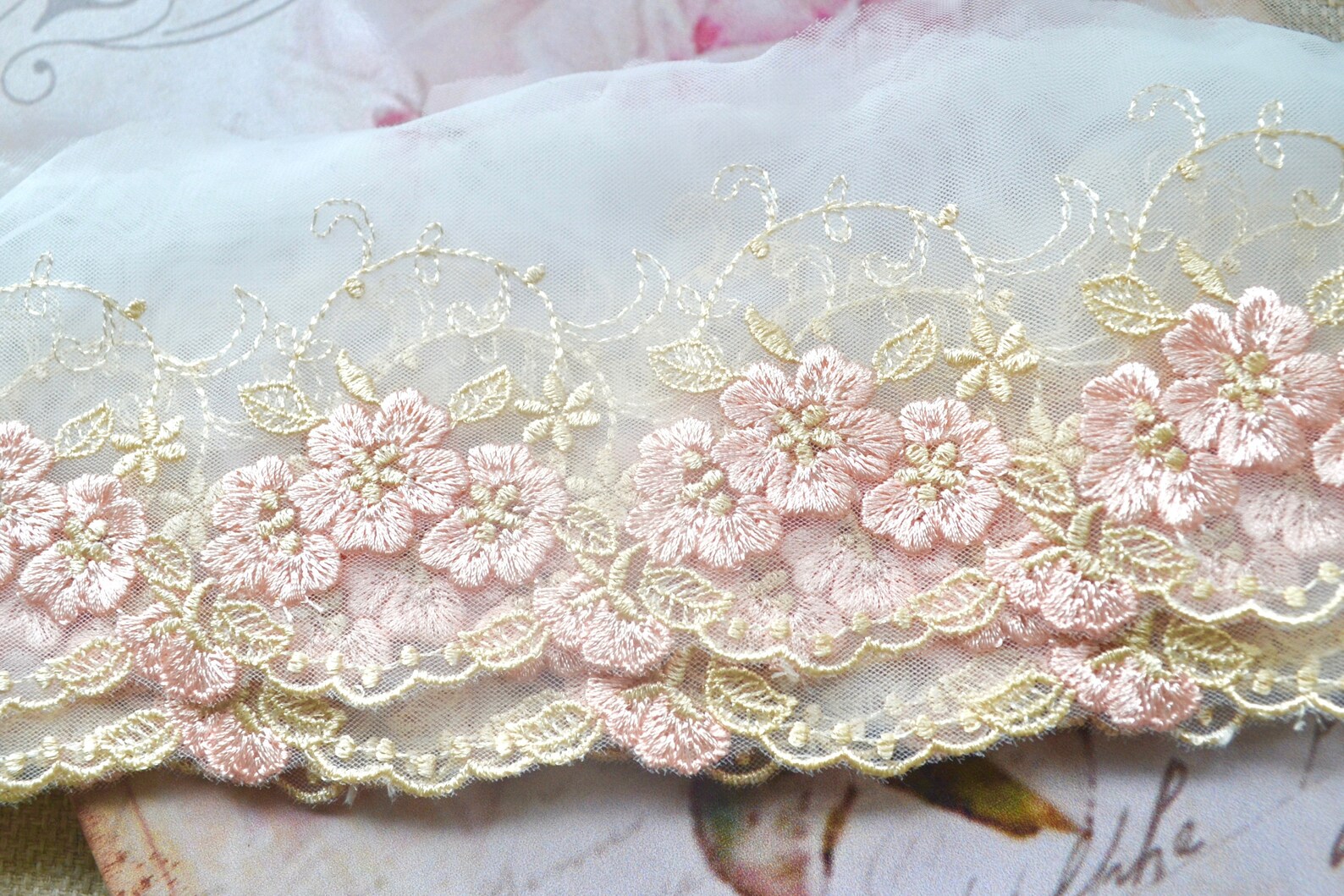 Pink Lace Trim, Embroidered Tulle Net Lace Trim, Shabby Chic Lace ...