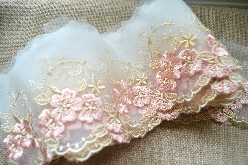 Pink Lace Trim, Embroidered Tulle Net Lace Trim, Shabby Chic Lace ...