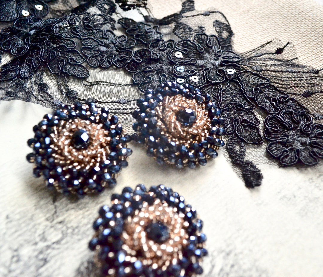 Large Button Embellishment, Beaded Embellishment, Black Fancy Button ...
