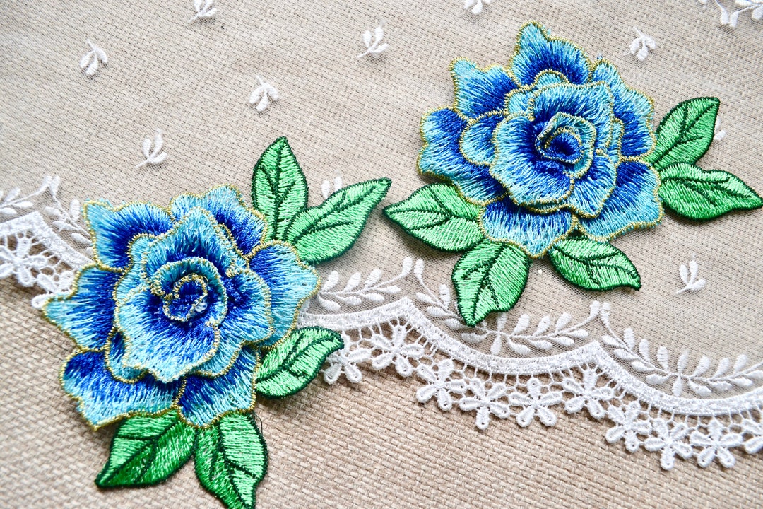 Rose Applique, 3D Embroidered Patch, Blue Rose Applique, Blue Applique ...