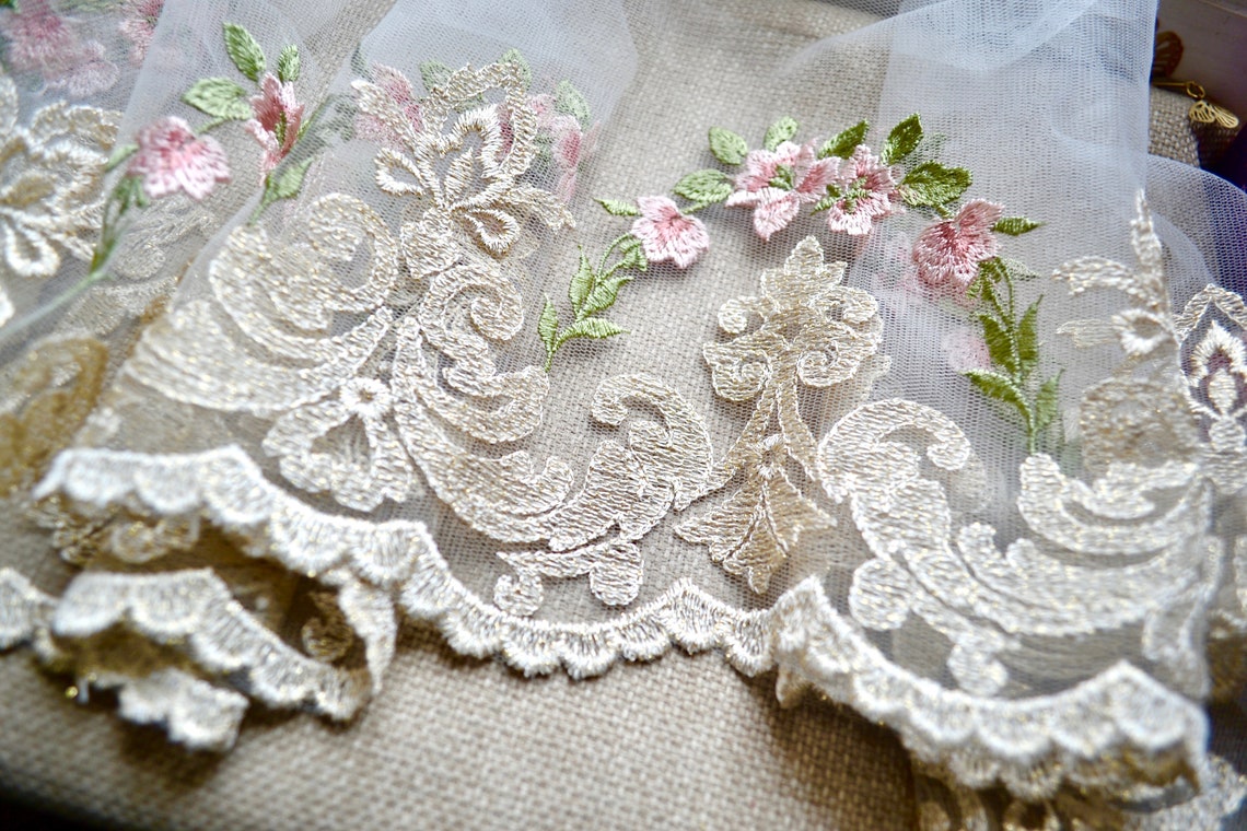 Gold Pink Embroidered Lace, Vintage Lace, Golden Tulle Lace, Sewing ...