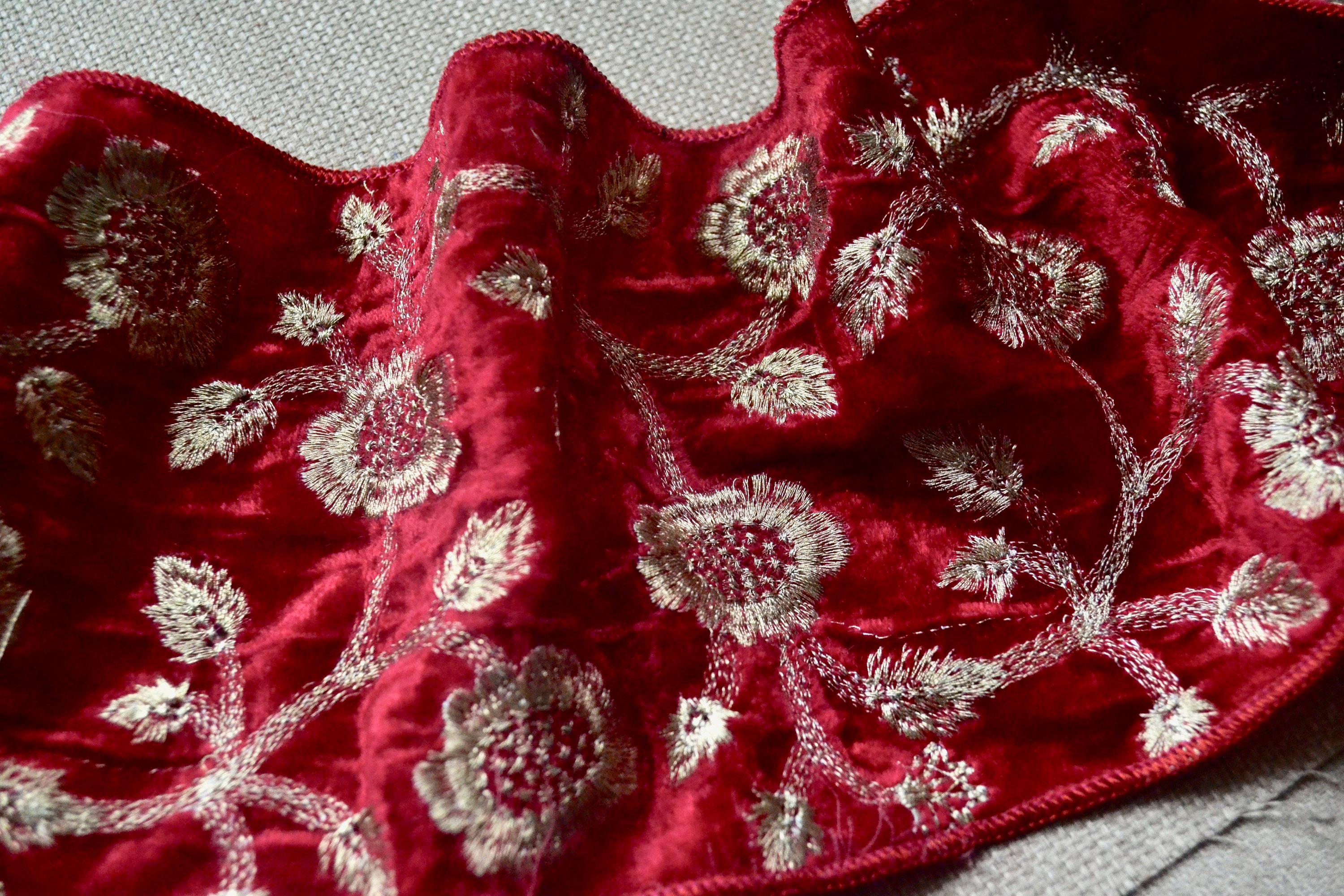 Red Velvet Gold Embroidered Fabric, Vintage Fabric, Junk Journaling ...