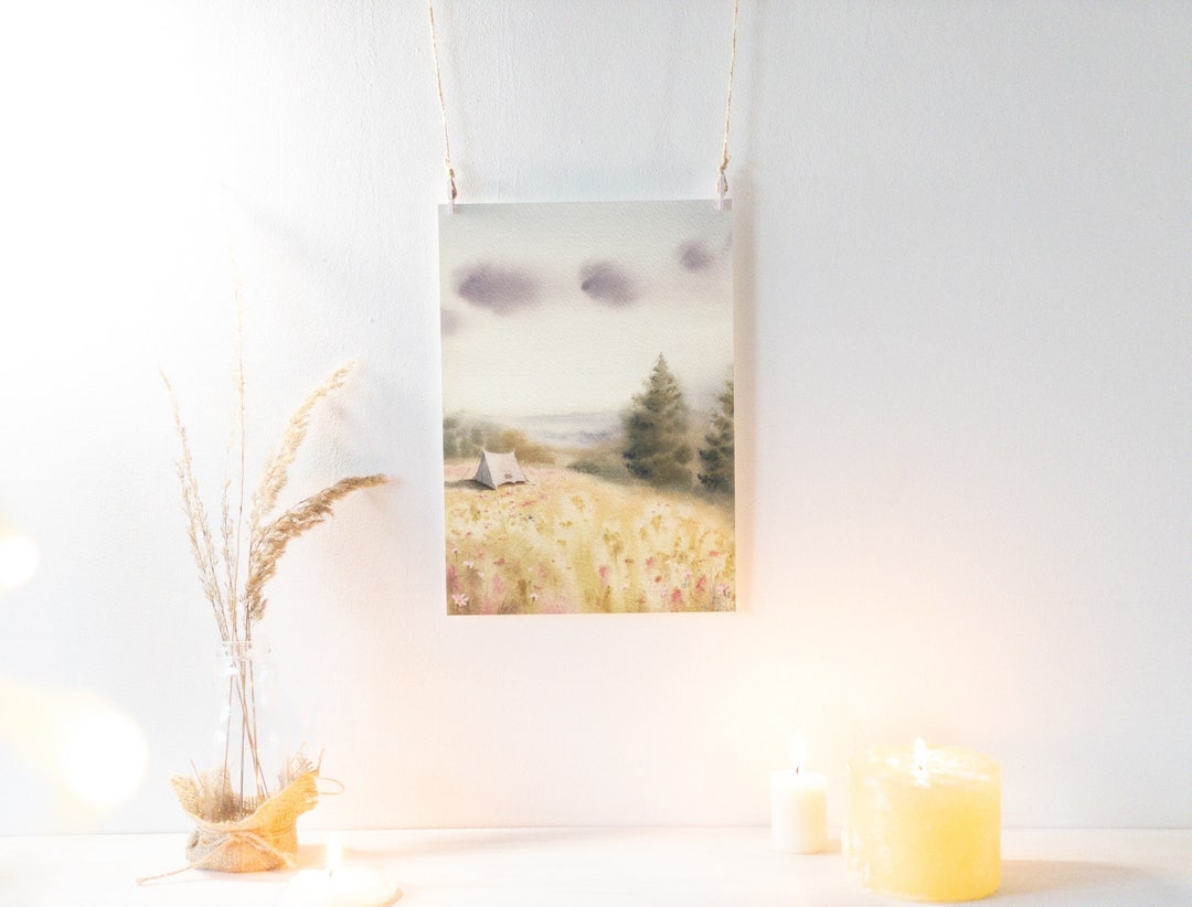 Watercolor Landscape, Nature Print, Backpacking Poster, Pink Flowers ...