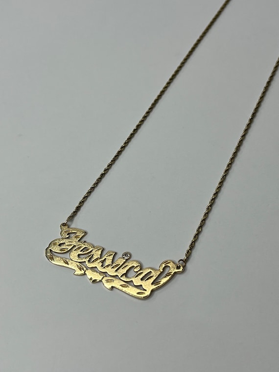 Vintage 14K Yellow Gold Jessica Name Plate Necklace - Gem