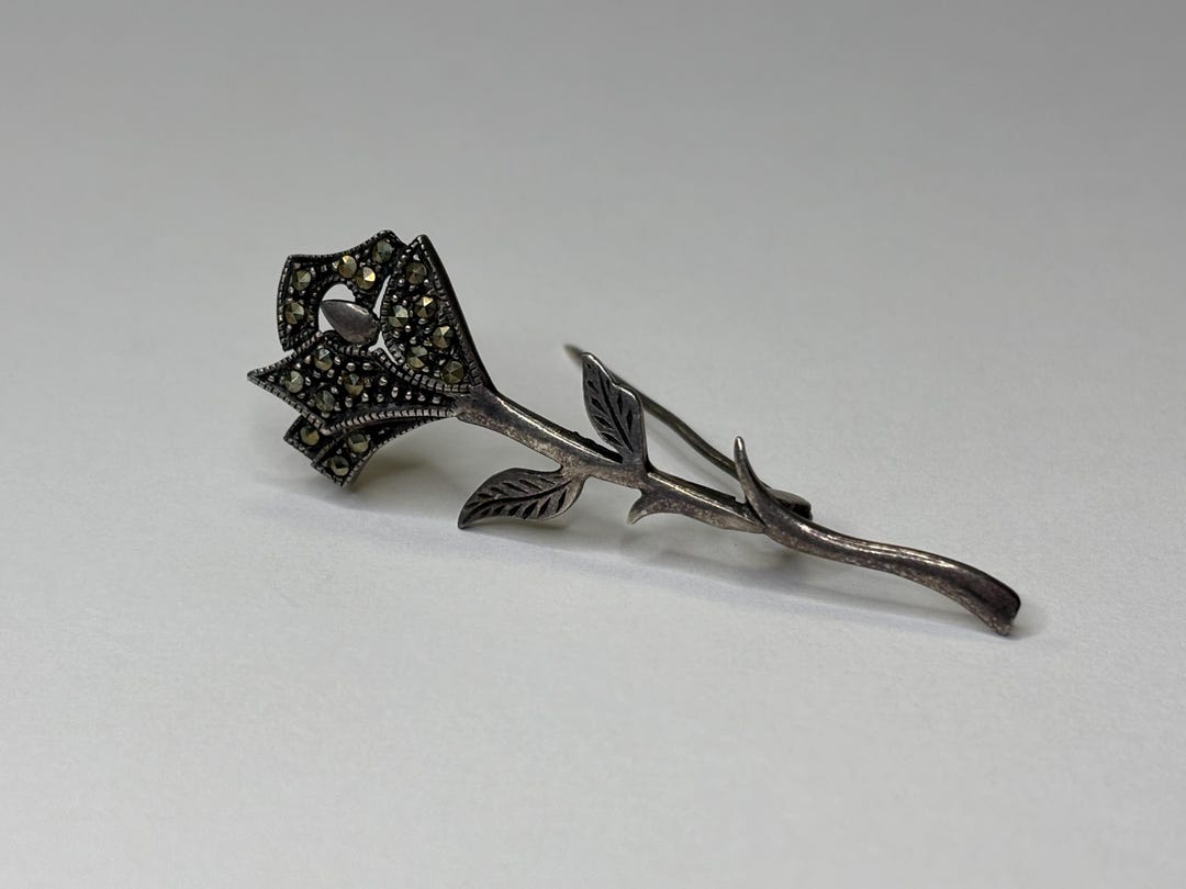 Antique Sterling Silver Marcasite Rose Flower Brooch Pin - Etsy