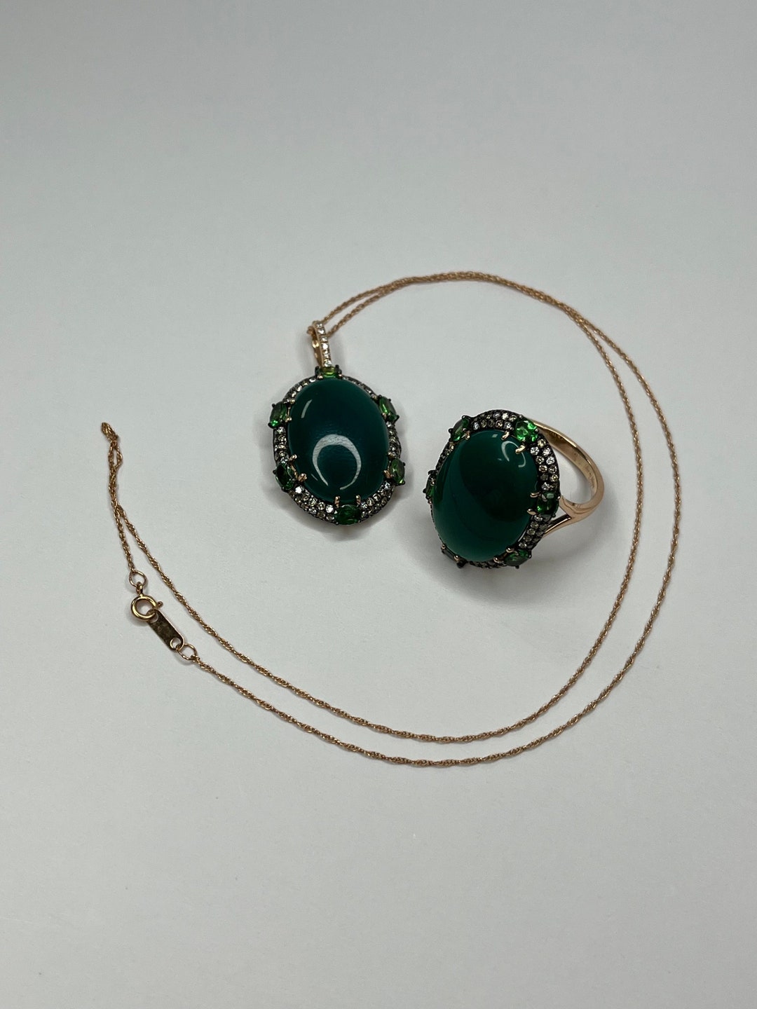 Authentic Marco Moore 14K Rose Gold Green Agate, Emerald, Diamond ...