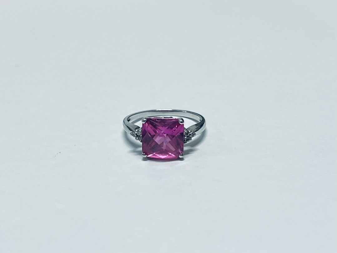 Vintage 10K White Gold Square Cut Pink Topaz Diamond Accent Ring ...