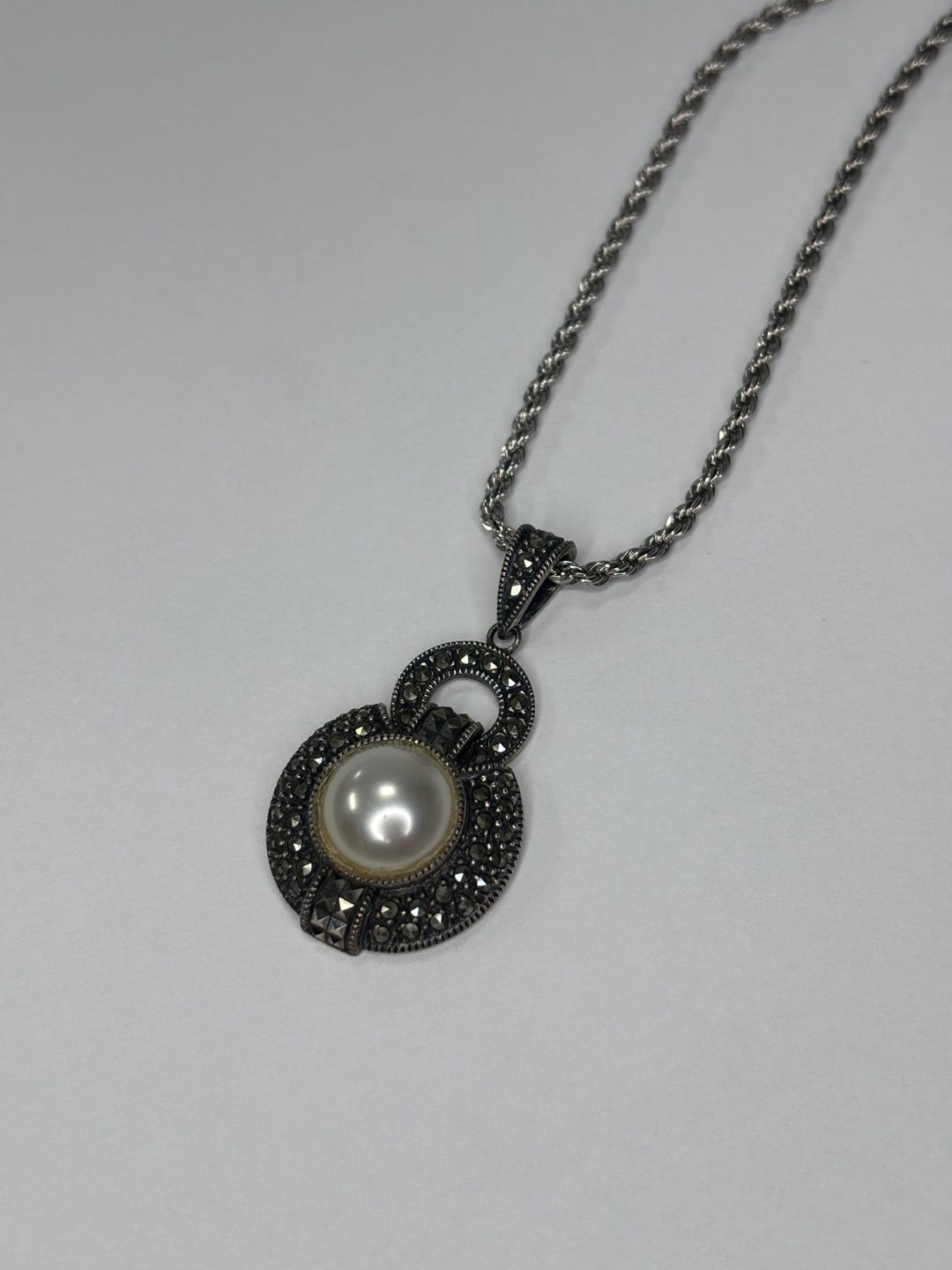 Vintage Judith Jack Sterling Silver Marcasite & Pearl Pendant Necklace ...
