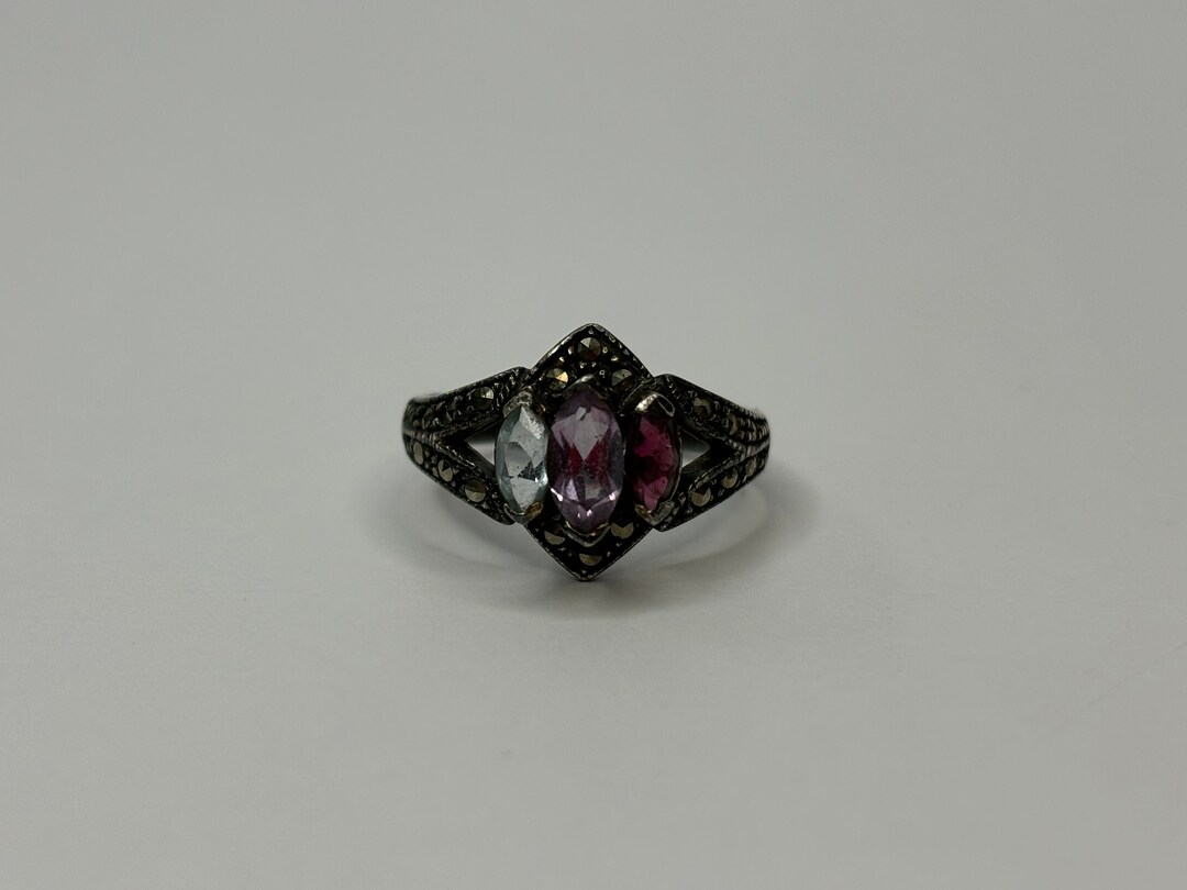 Vintage FAS Sterling Silver Marcasite Multi Gemstone Ring - Etsy