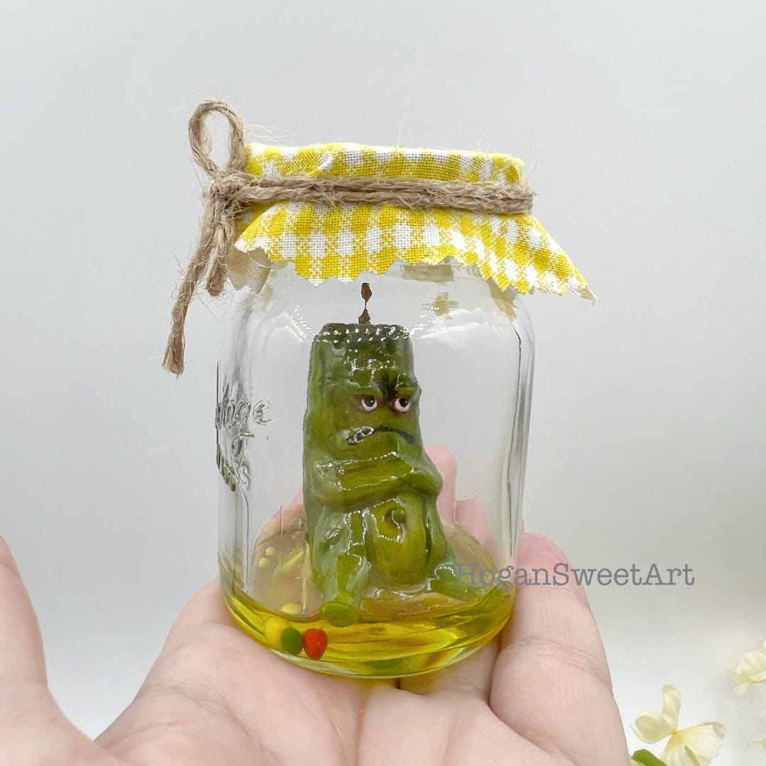 Grumpy Pickle in a Jar Sculpture, One of a Kind Whimsical Art , Unique Gift, Desk Decor for ...