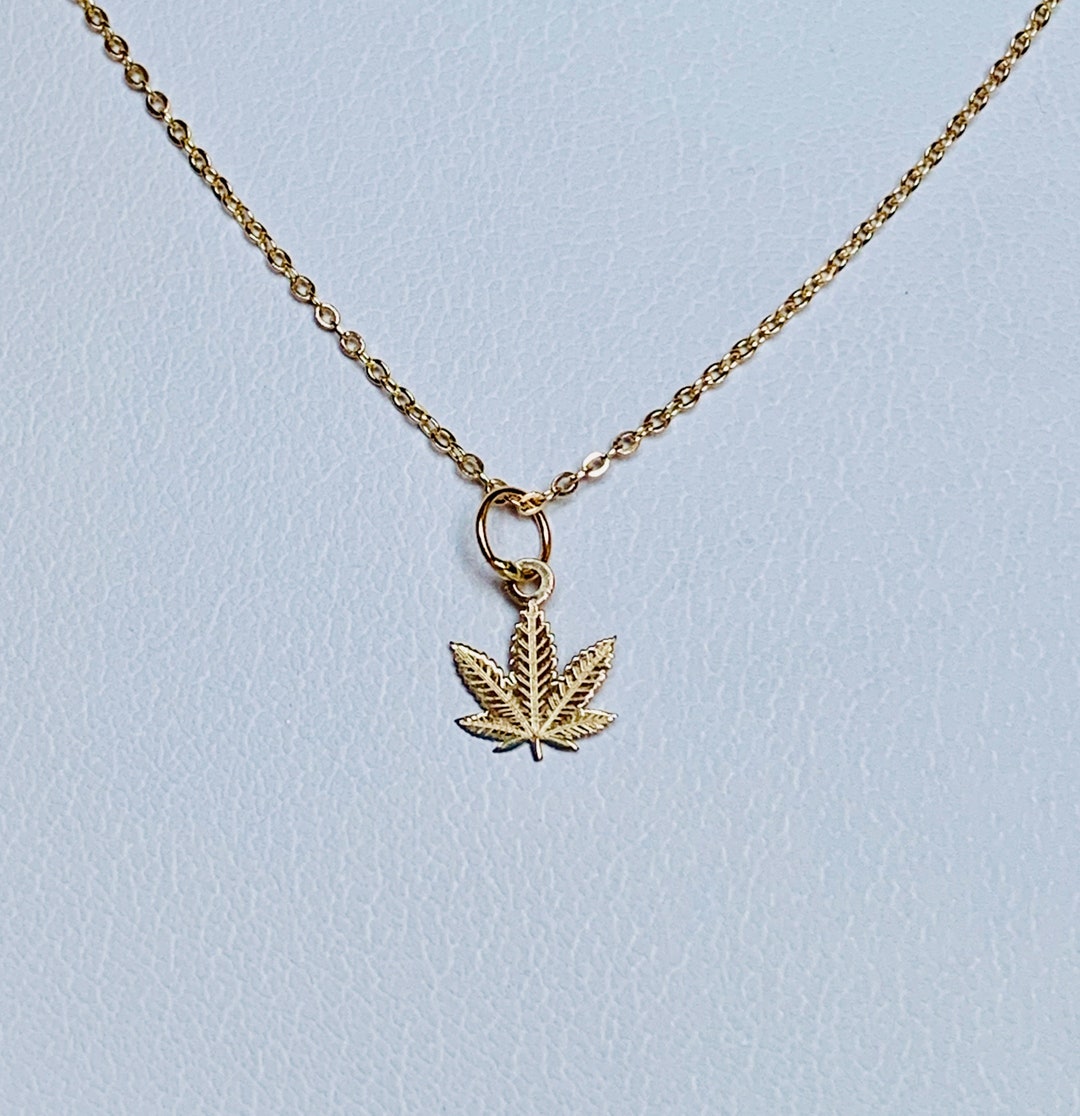 14K Solid Yellow Gold Tiny Delicate Marijuana Leaf / Cannabis Leaf ...
