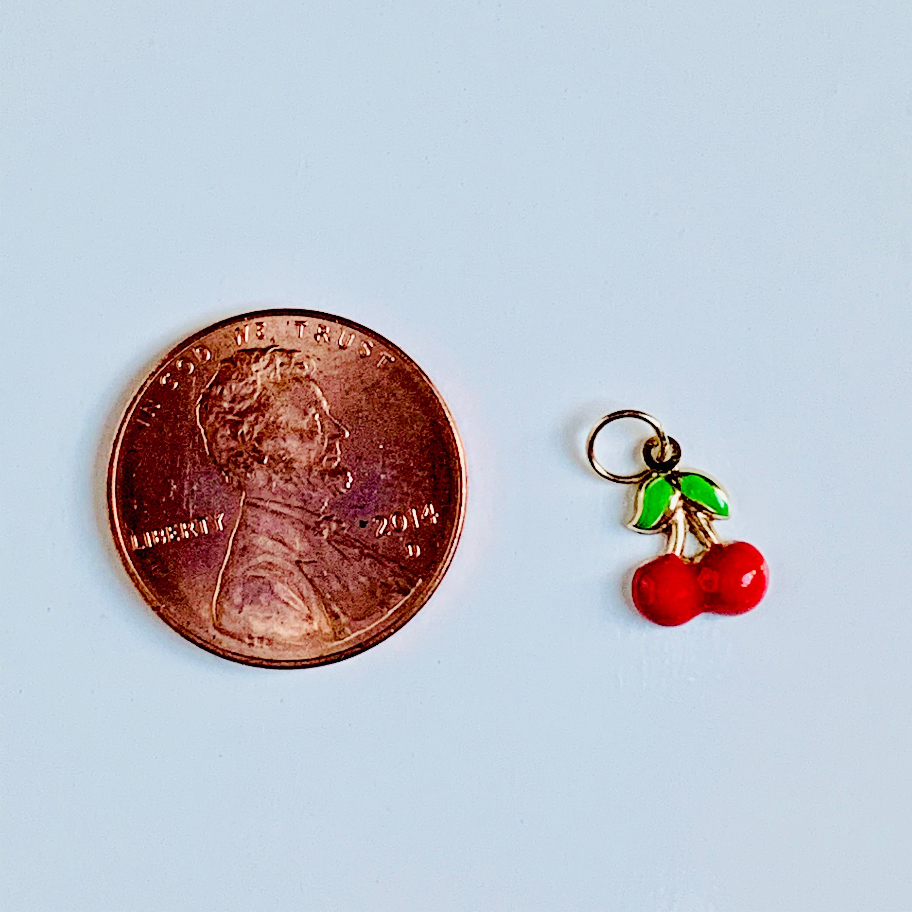14K Solid Yellow Gold Tiny Delicate Puffy Enamel Red Cherry Charm ...