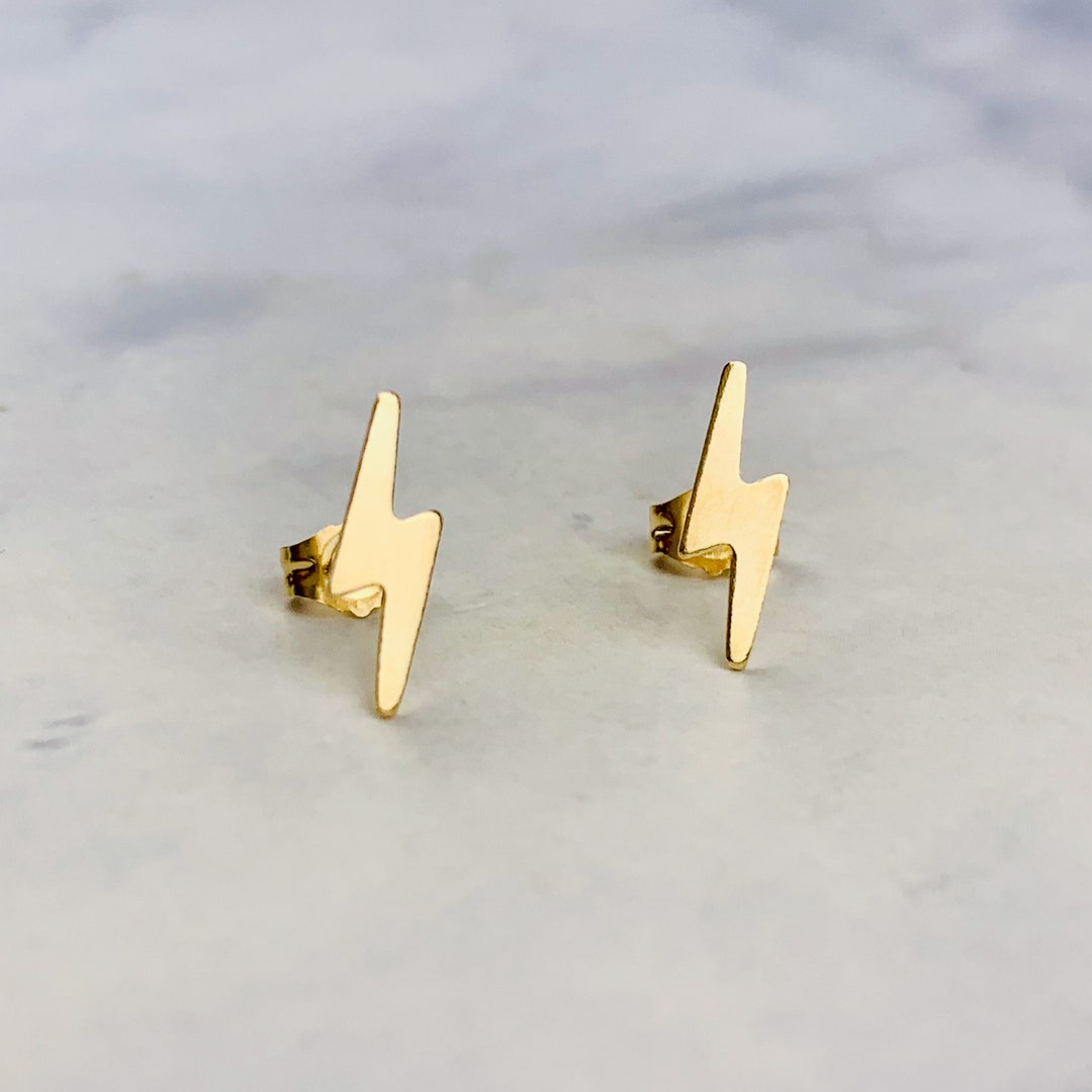 14K Yellow Gold Lightning Bolt Stud Earrings - Solid Gold - Etsy