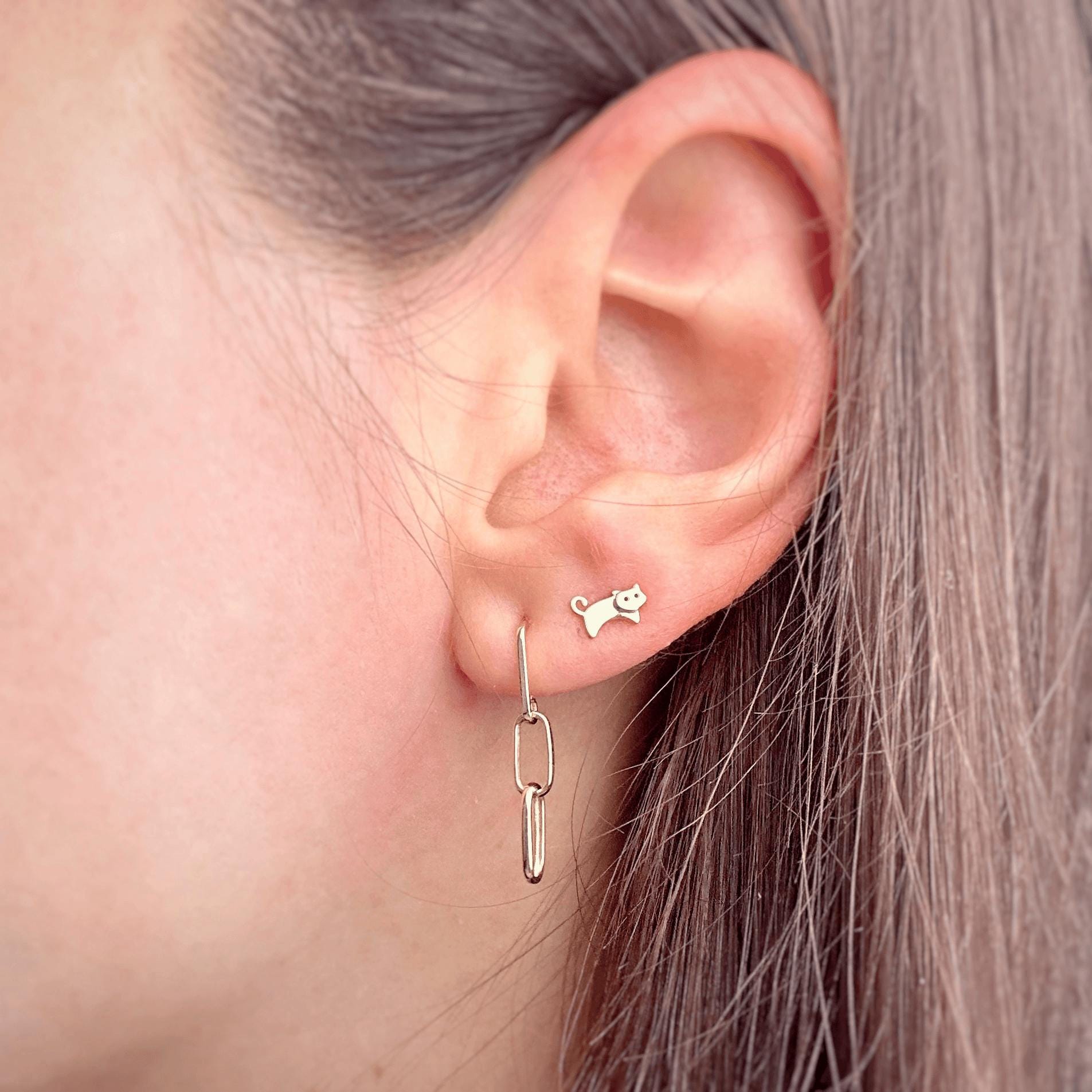 14K Solid Gold Tiny Delicate Cat Stud Earrings / Kitty Studs - Single ...